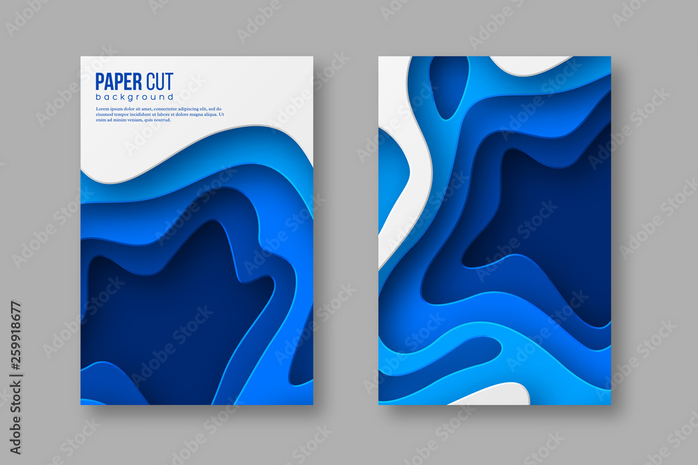 3d paper cut posters. Shapes with shadow in different blue color tones ...