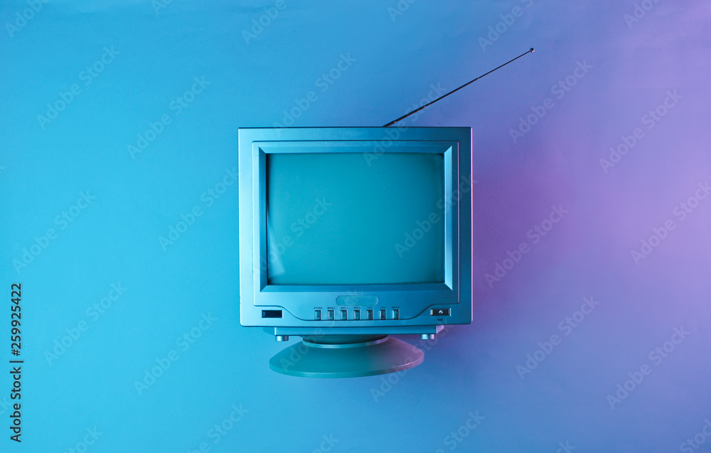 Retro wave, 80s. Old tv with antenna in holographic light. Top view ...