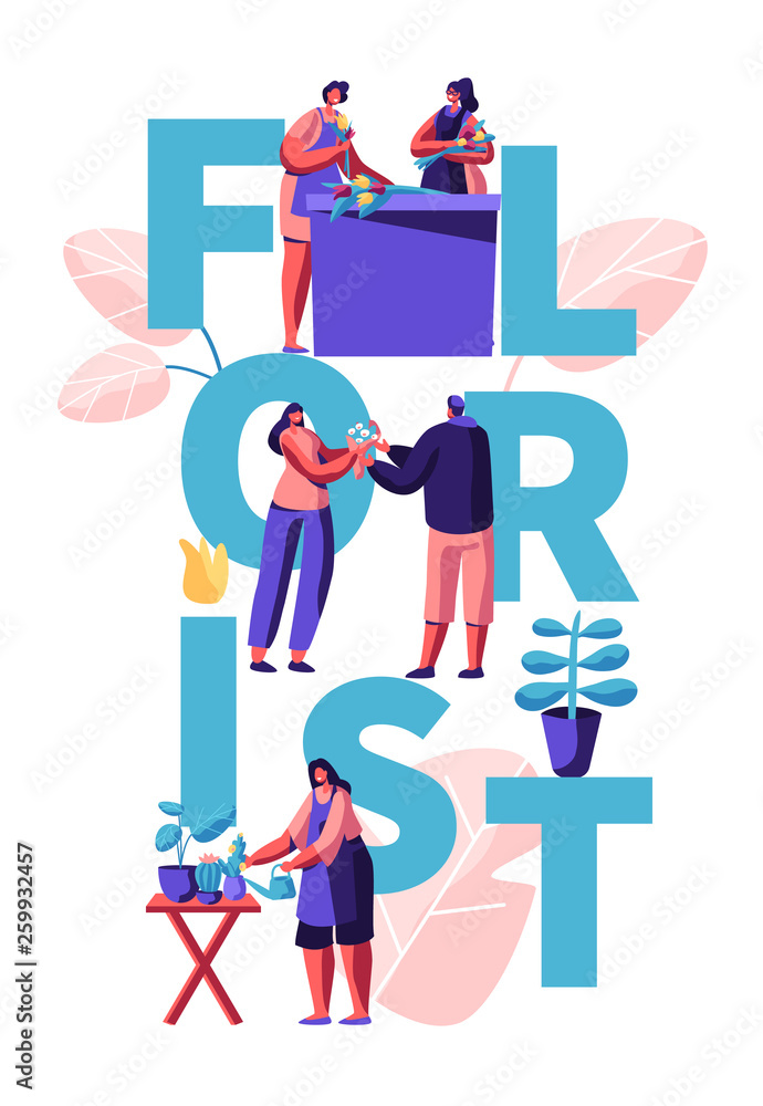 Girls Caring and Plants in Flower Shop, People Characters Visit Store ...