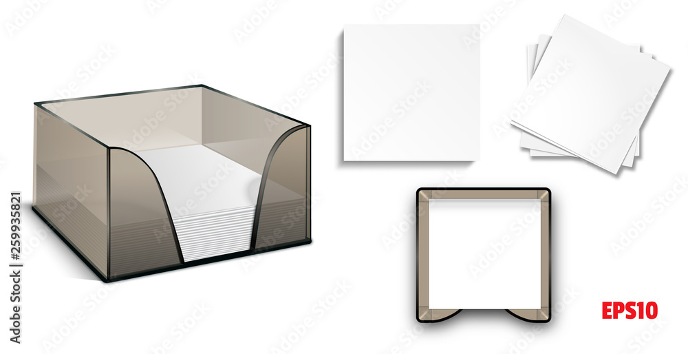 set-mockup plastic box with stickers. Square blank white sheets ...