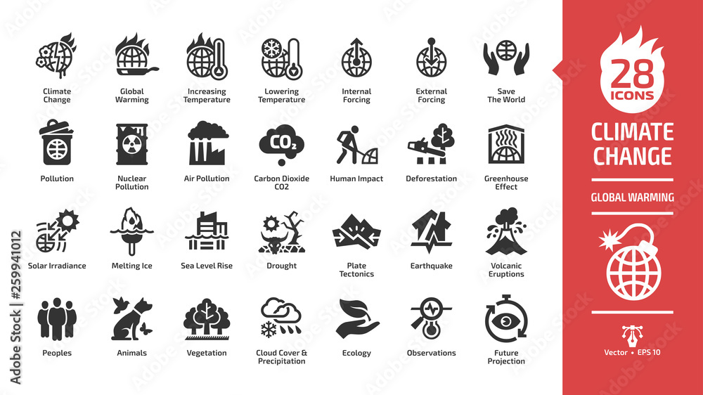 Climate change or global warming glyph icon set with world heat ...