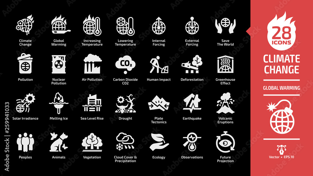 Climate change or global warming glyph icon set on a black background ...