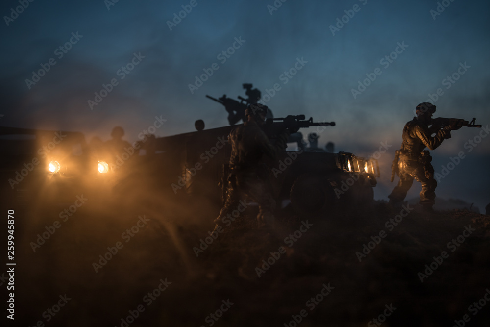 War Concept. Military silhouettes fighting scene on war fog sky ...