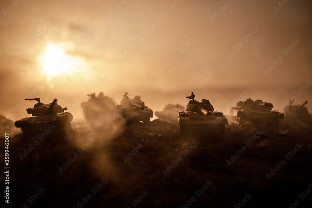 War Concept. Military silhouettes fighting scene on war fog sky ...
