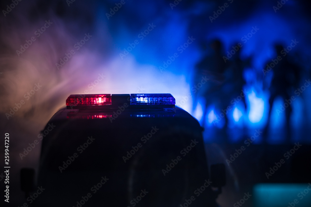 Police cars at night. Police car chasing a car at night with fog ...