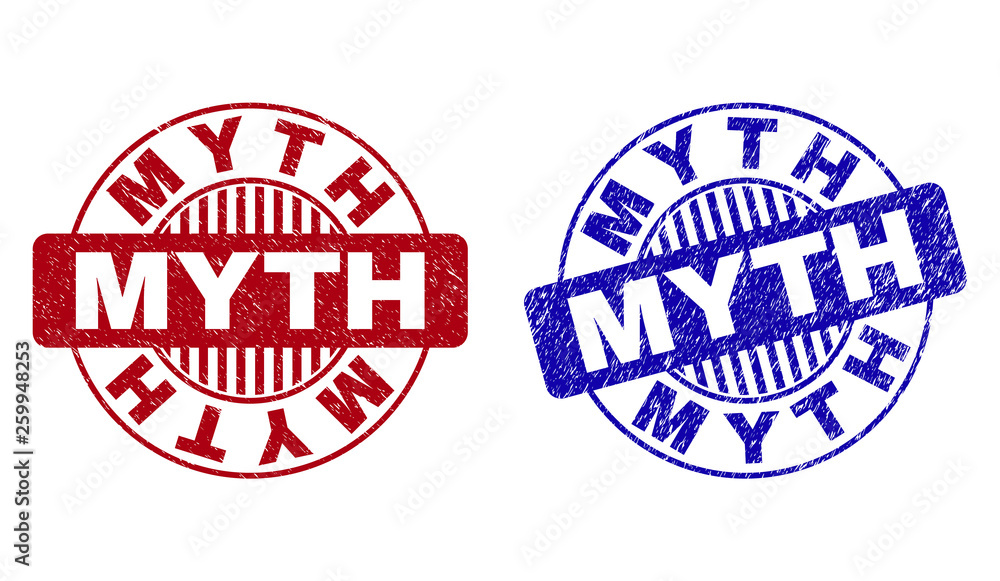 Grunge MYTH round stamp seals isolated on a white background. Round ...