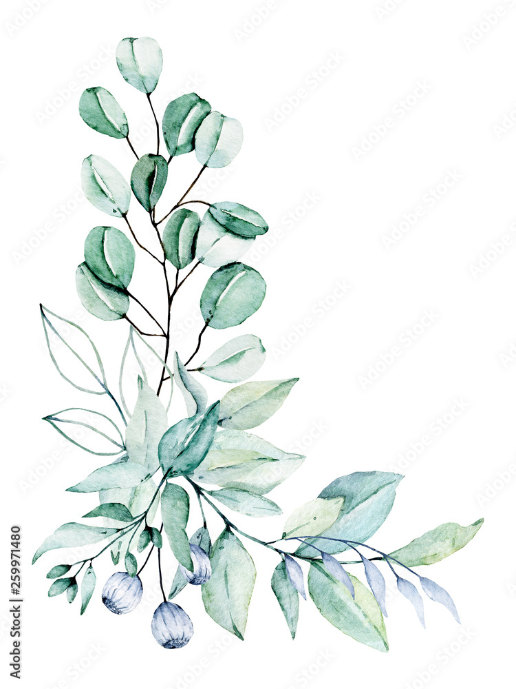 Watercolor leaf. Floral border. Leaves perfectly for print on wedding ...