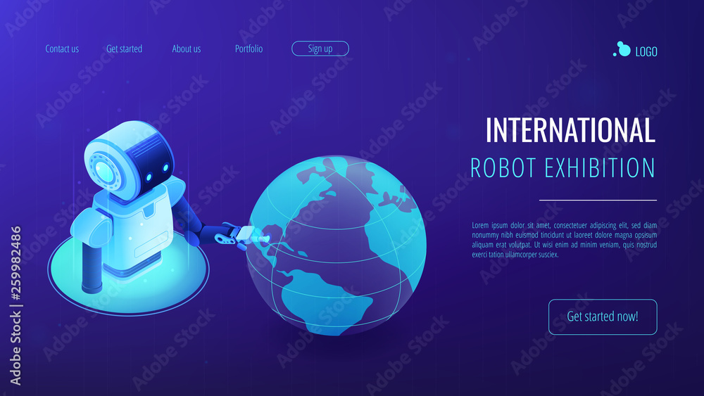 Huge robot touching Earth globe with finger. Robotics network ...