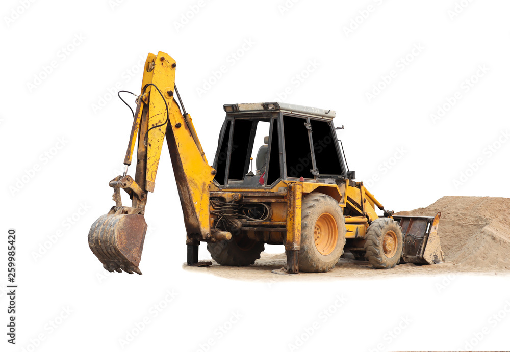 backhoe loader in construction site isolated on white background with ...
