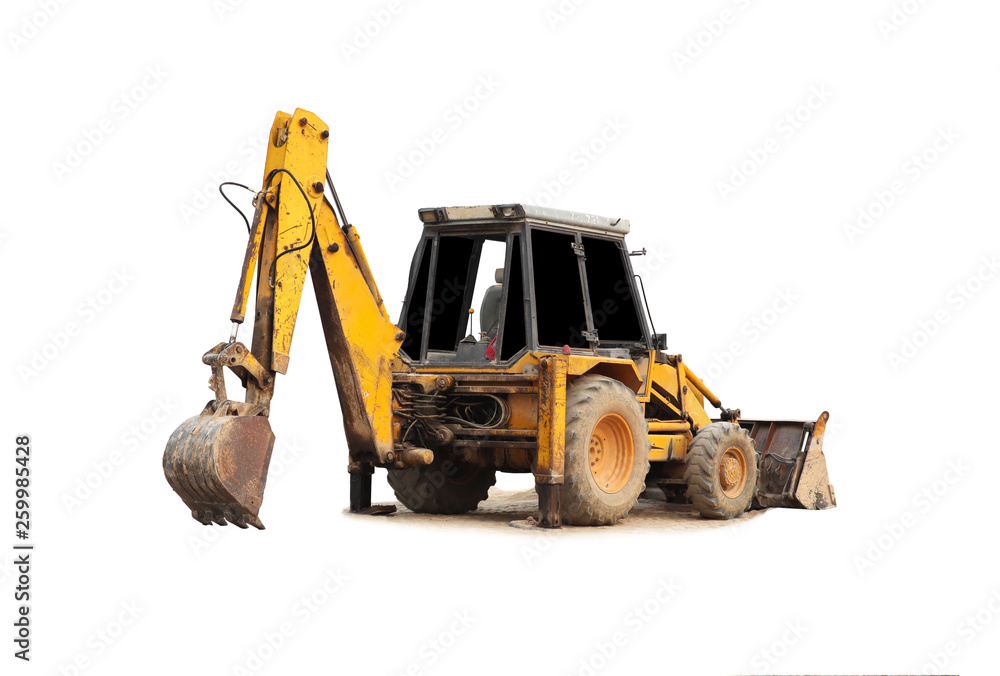 backhoe loader in construction site isolated on white background with ...