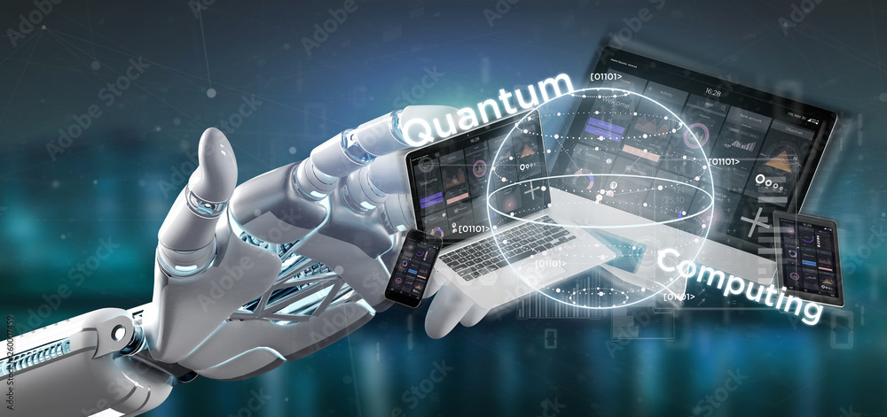 Cyborg hand holding Quantum computing concept with qubit and devices 3d ...