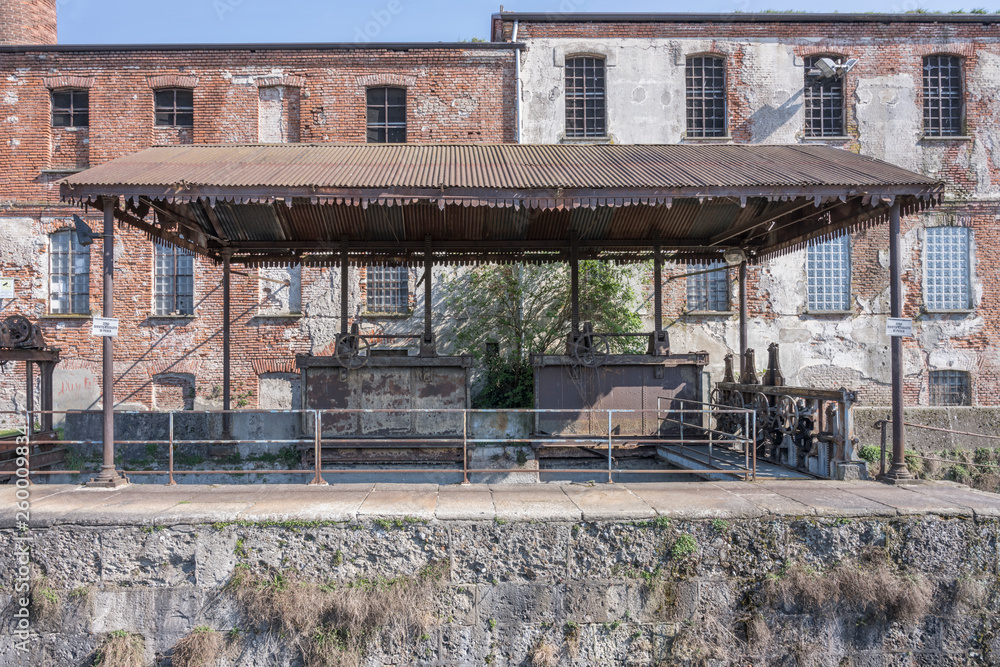 old rusrt canopy on millwork of lock on Naviglio canal, Milan, Italy ...