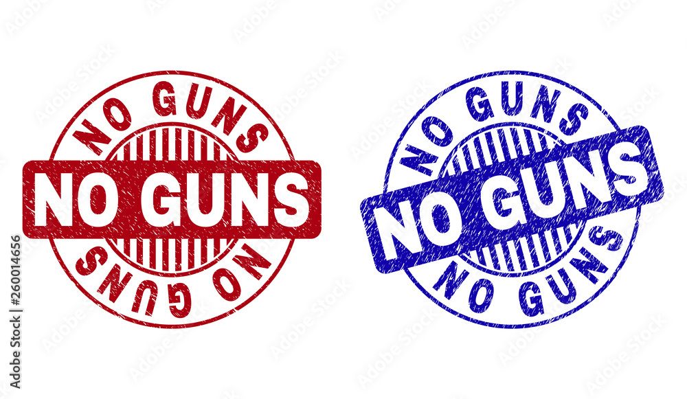 Grunge NO GUNS round stamp seals isolated on a white background. Round ...