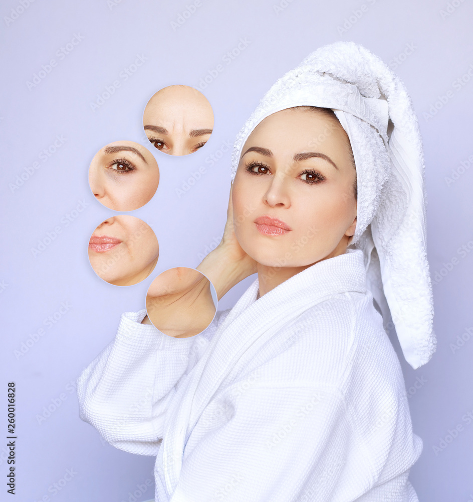 Aging. Mature woman-young woman.Face with skin problem.Showing photos ...