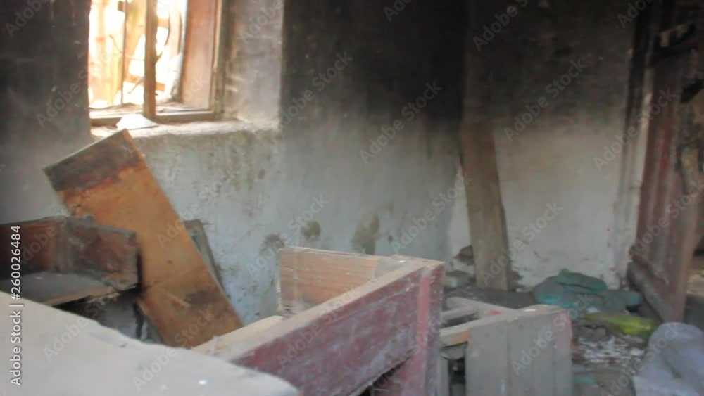 Shot of an old, demolished building that might have been burned or ...