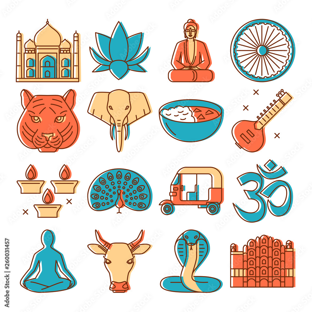 India icons set in colored line style Stock Vector | Adobe Stock