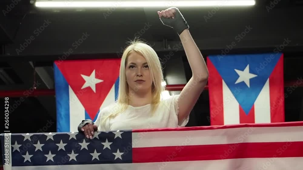Success woman celebrating for her succes with the flag of USA. Female ...