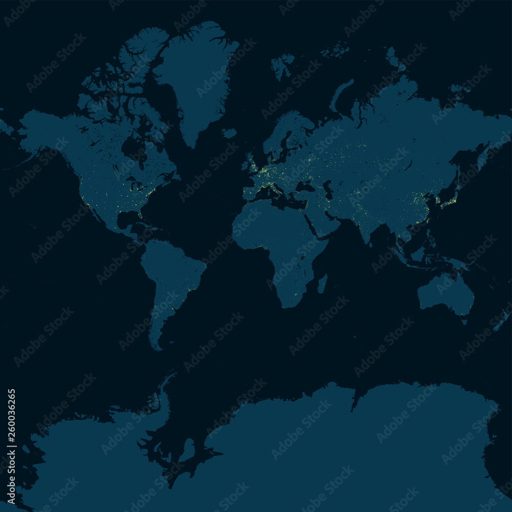 World map, planisphere with prominent urban areas. Night view of the ...