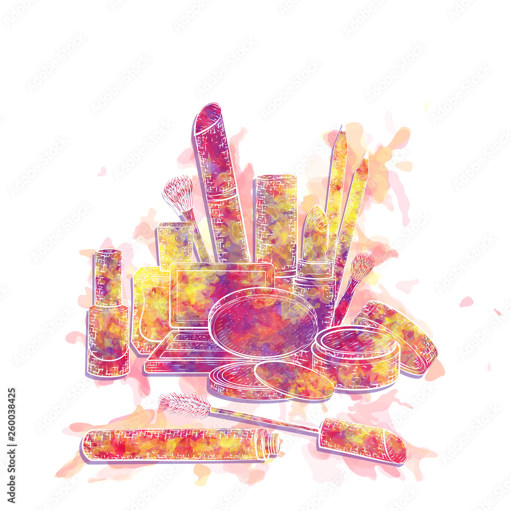 Hand drawn cosmetics collection. Detailed sketch of elements for ...