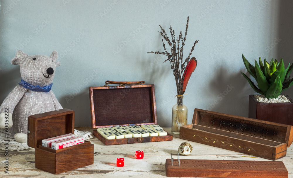 display table with traditionall games, cribbage, cards, dominos and ...