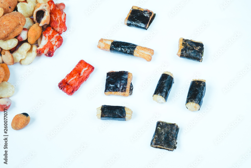Mix of Asian snack on white background. Including Nori Maki Arare rice ...