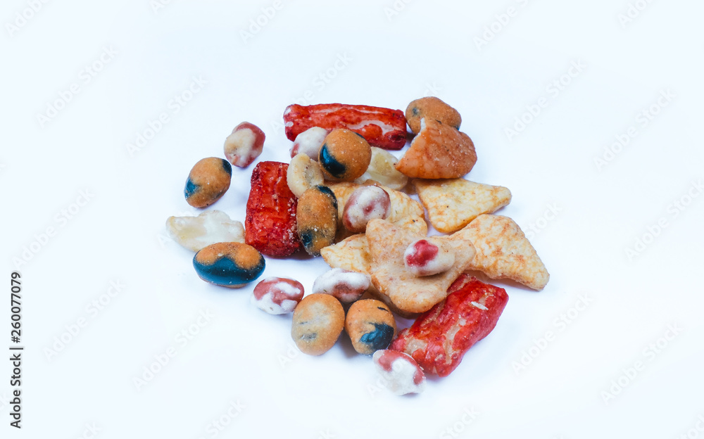 Mix of Asian snack on white background. Including Nori Maki Arare rice ...