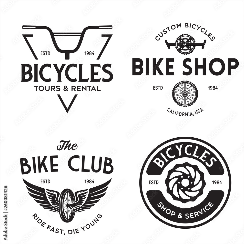 Set of vintage and modern bike shop logo badges and labels. Cycle wheel ...
