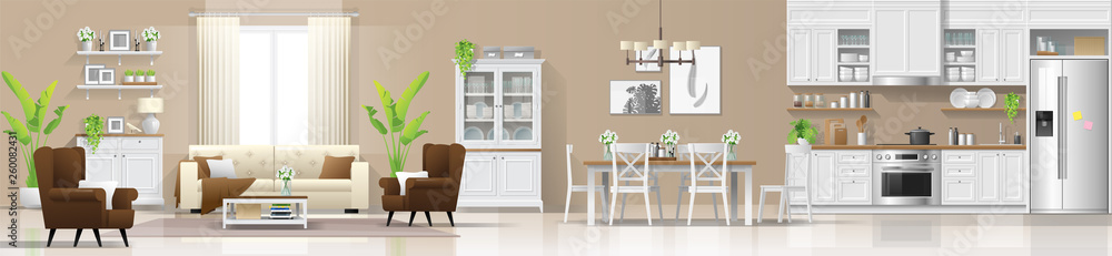 Modern rustic house interior background with living room , dining room ...