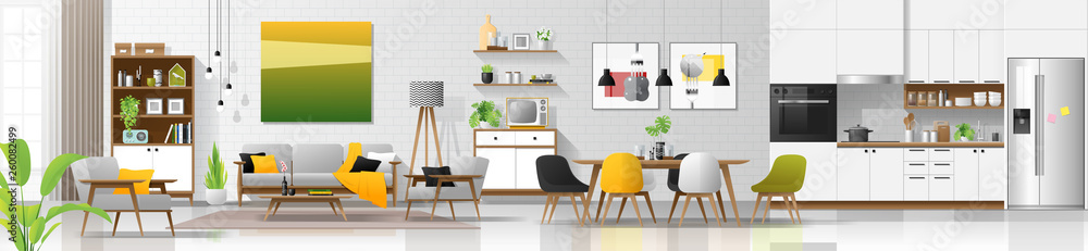 Modern house interior background with living room , dining room and ...