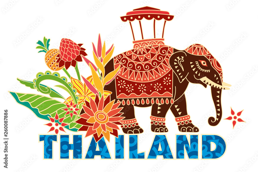 Thailand tourist sticker. Decorative elephant stylized flowers. Vector ...