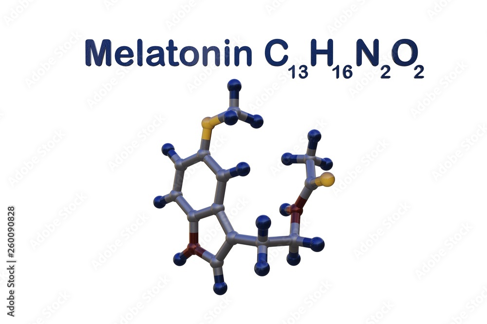 Structural chemical formula and molecular model of melatonin, a hormone ...
