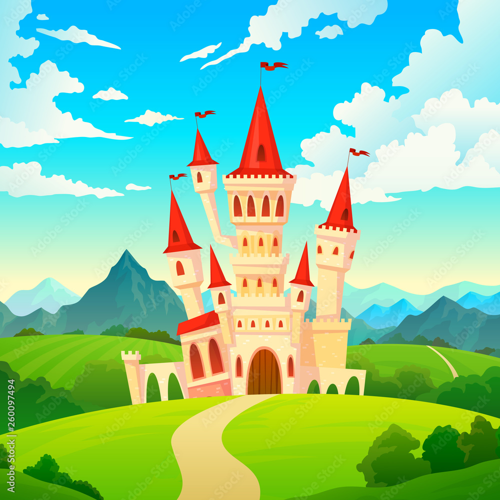 Castle landscape. Palace fairytale kingdom magical towers medieval ...