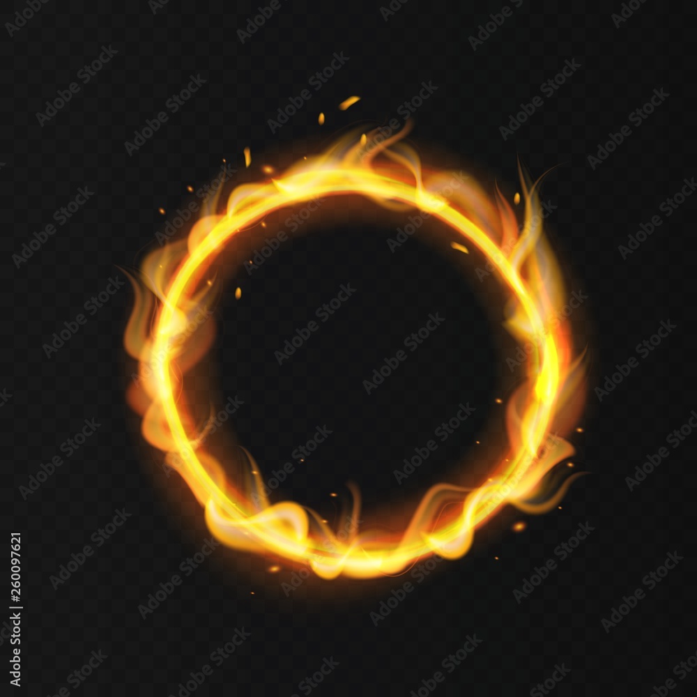 Fire ring. Realistic burning fiery circus circle hot hoop warm fire ...