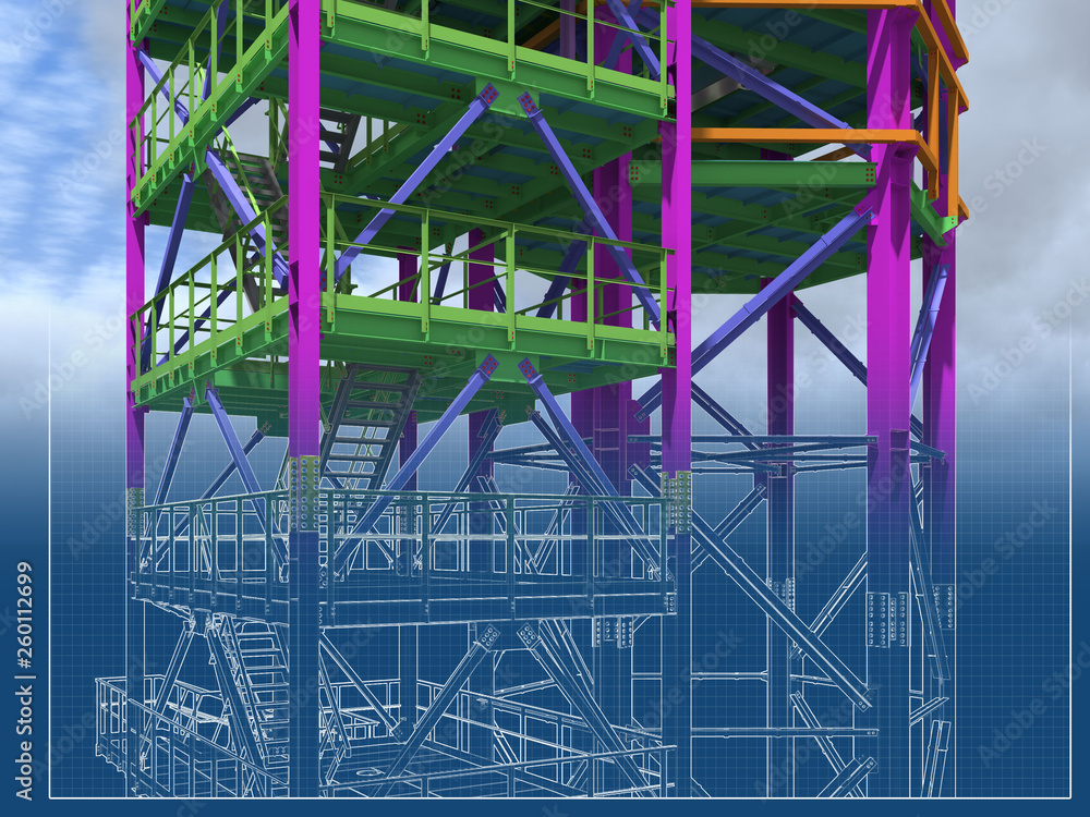 BIM model of a building with a tank made of metal structures. Drawing ...