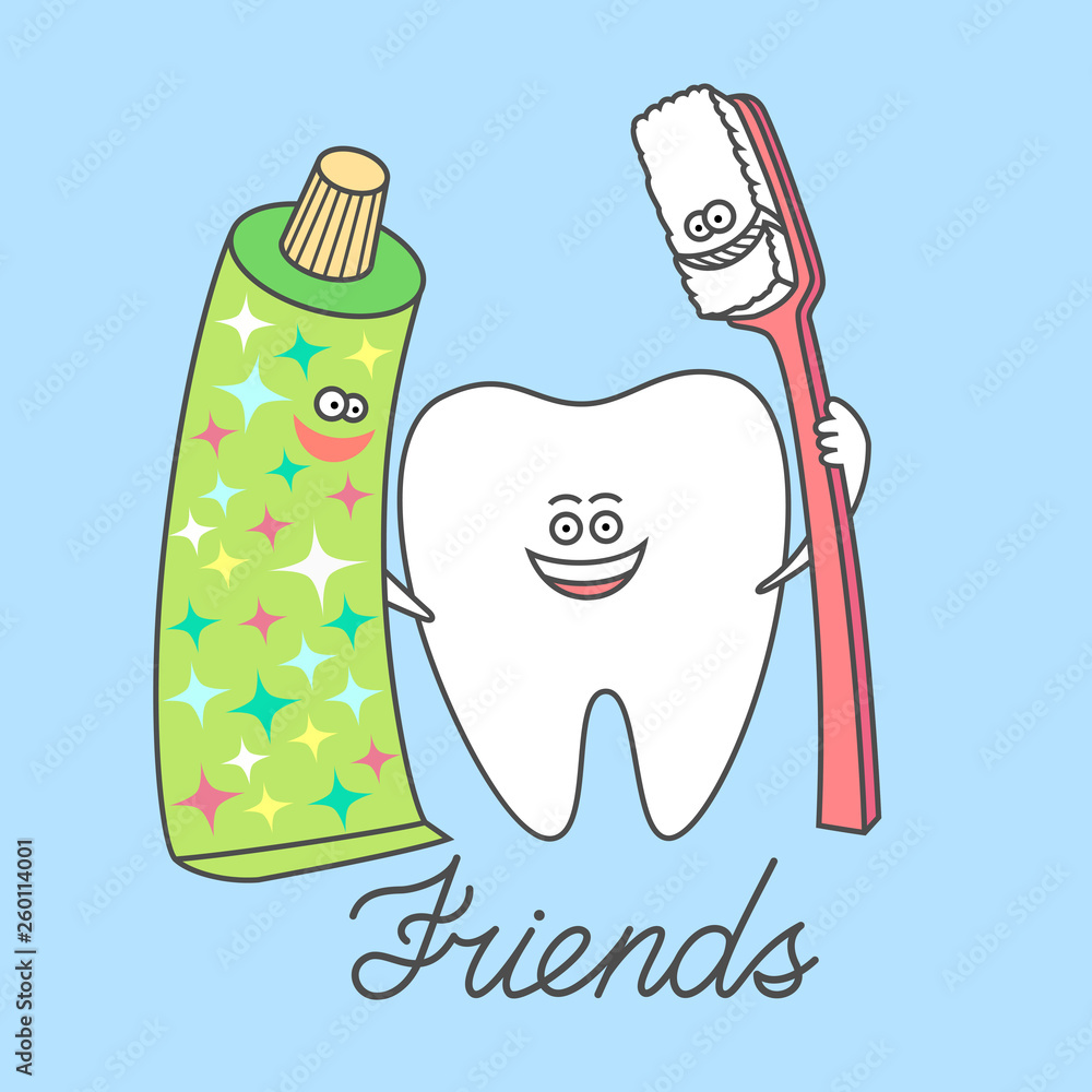 Cartoon tooth with a toothpaste and a toothbrush, best friends ...