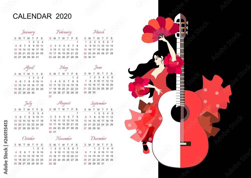 Beautiful calendar for 2020 year. Week starts on sunday. Vector ...