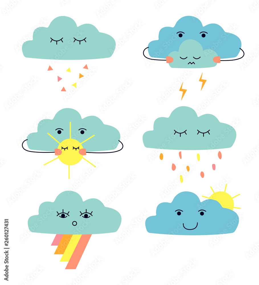 Set of cute cartoon clouds: rain cloud; thunder cloud; cloud witn sun ...