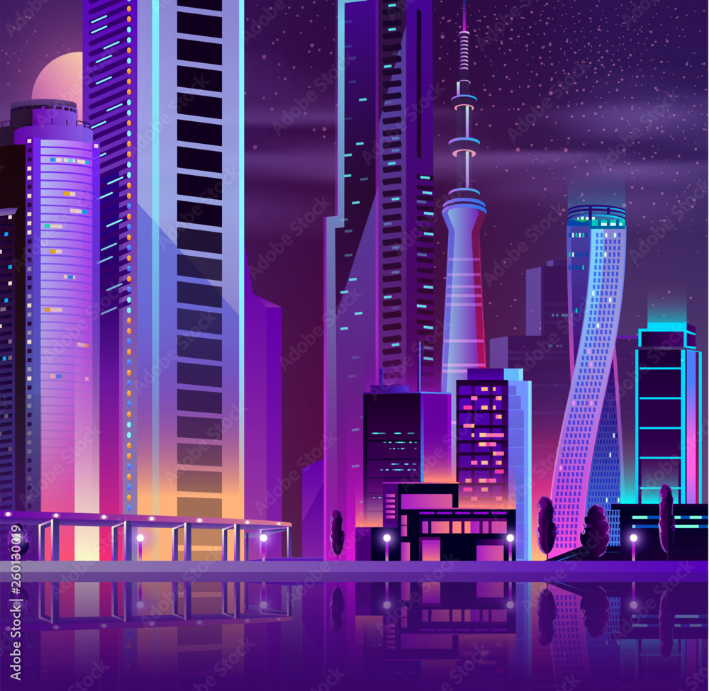 Night metropolis downtown seafront cartoon vector with futuristic ...