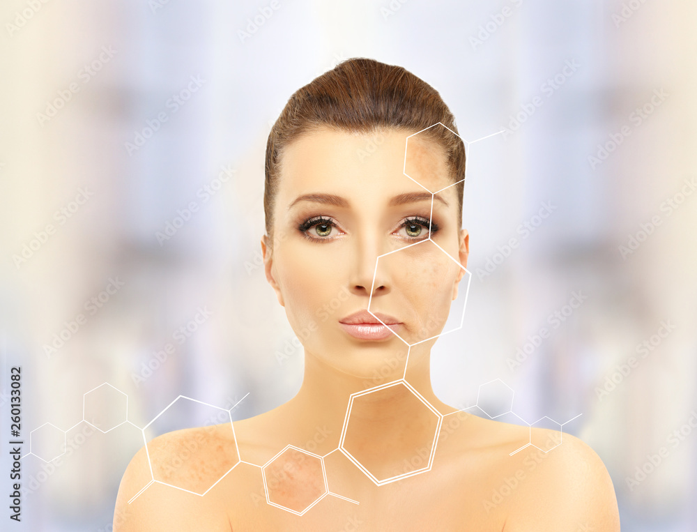 Aging. Mature woman-young woman.Face with skin problem.Showing photos ...