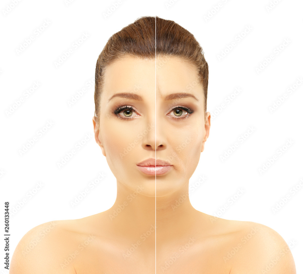 Aging. Mature woman-young woman.Face with skin problem.Showing photos ...