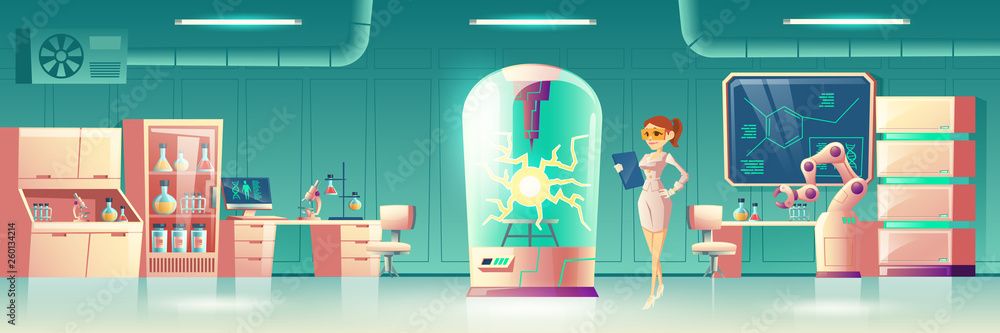 Science experiment in future laboratory cartoon vector concept ...