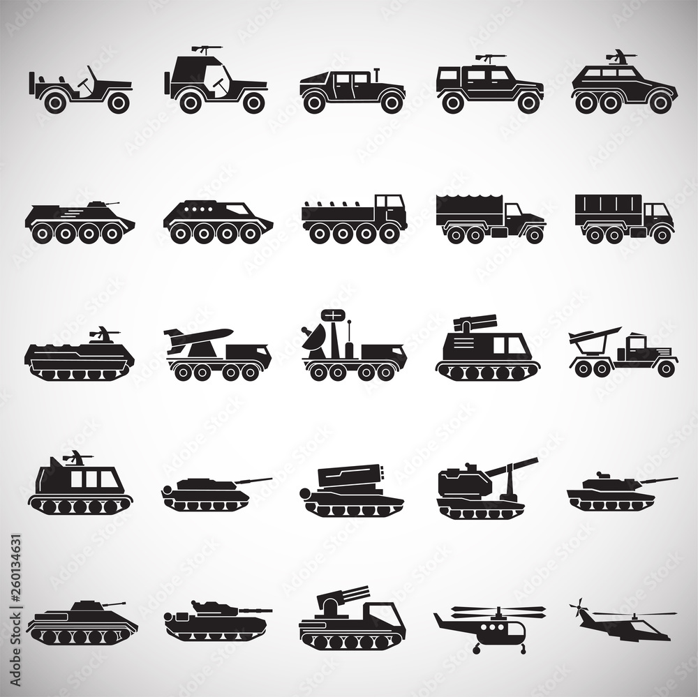 Military vehicles icons set on white background for graphic and web ...