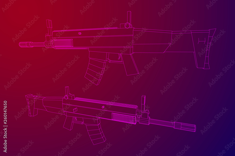 Assault rifle, automatic fire rifle model wireframe low poly mesh ...