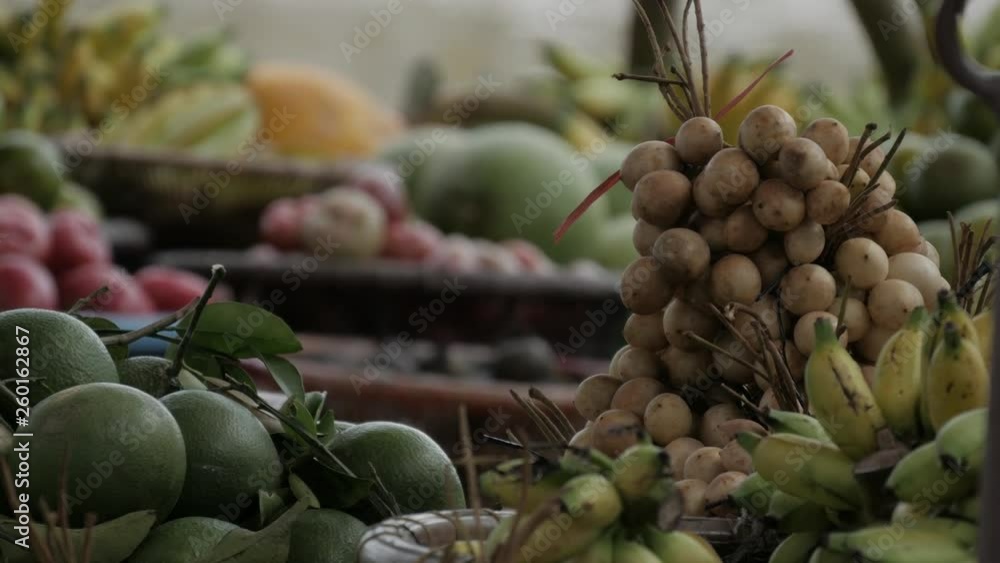 Fresh fruits from banana, lemon, langsat (lansium parasiticum), and ...