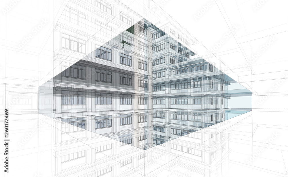 Architecture background. Perspective 3d Wireframe of building design ...