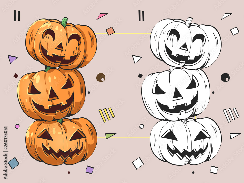 Cartoon design of pumpkin, doodle outline and paint color Stock Vector ...