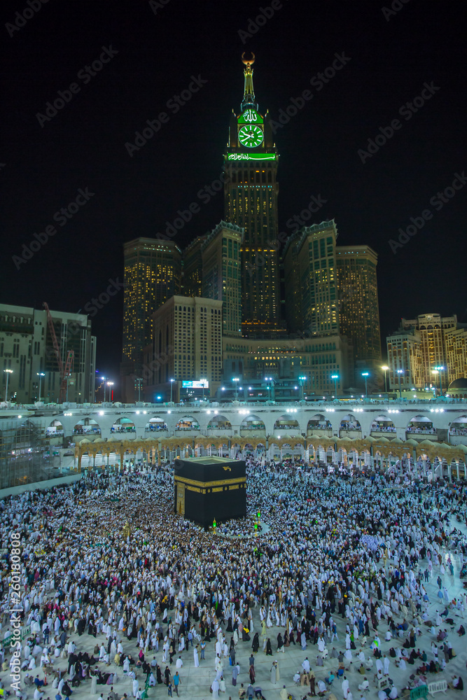 wive skyline Mecca night SAUDIARABIA -April/27/2018 in makkah clock ...