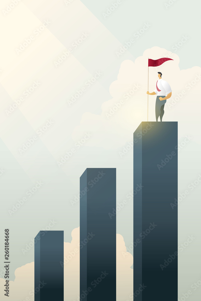 Business people proud with flag on standing on bar chart top over of ...