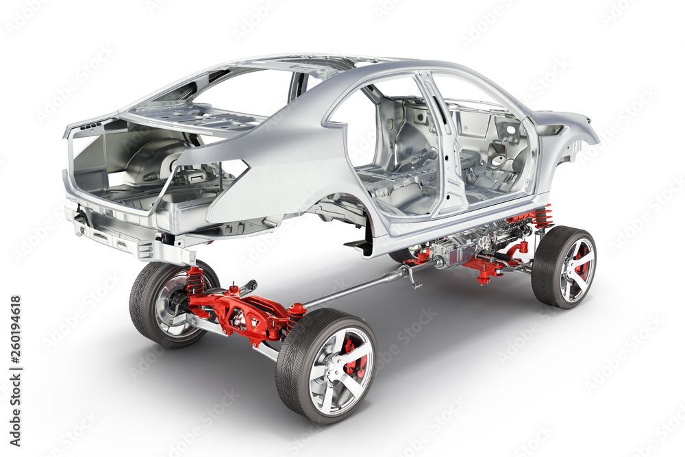 Body and suspension of the car with wheel and engine Undercarriage with ...