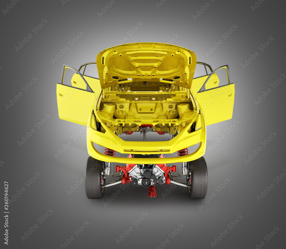 Body and suspension of the car with wheel and engine Undercarriage with ...